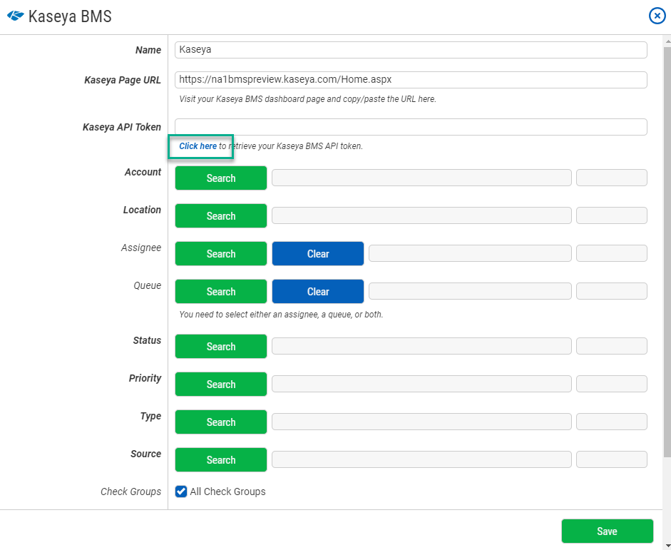 Kaseya BMS Integration • Help Guide • CheckCentral by Binary Fortress Software
